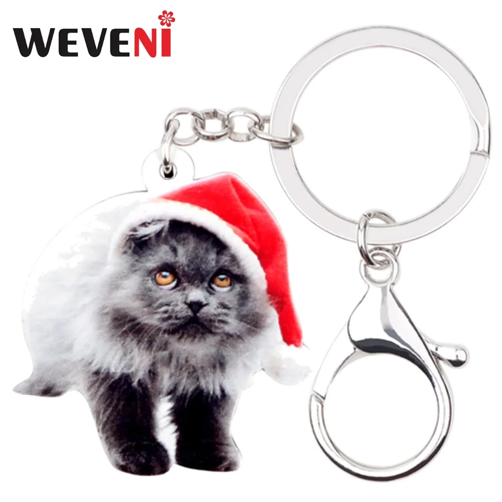 WEVENI Acrylic Sweet Christmas Hat Cat Kitten Key Chains Keychain Rings ...