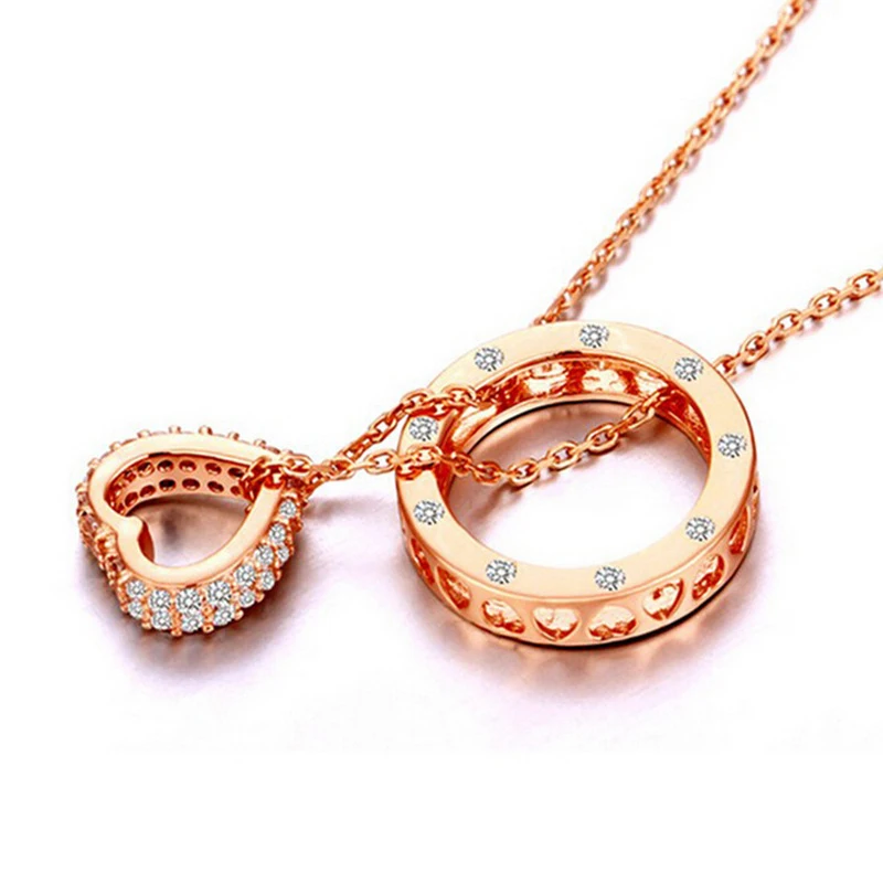 925 Sterling Silver Rose Gold Double Ring Heart Pendant Simple 925 Wild Short Clavicle Chain ...
