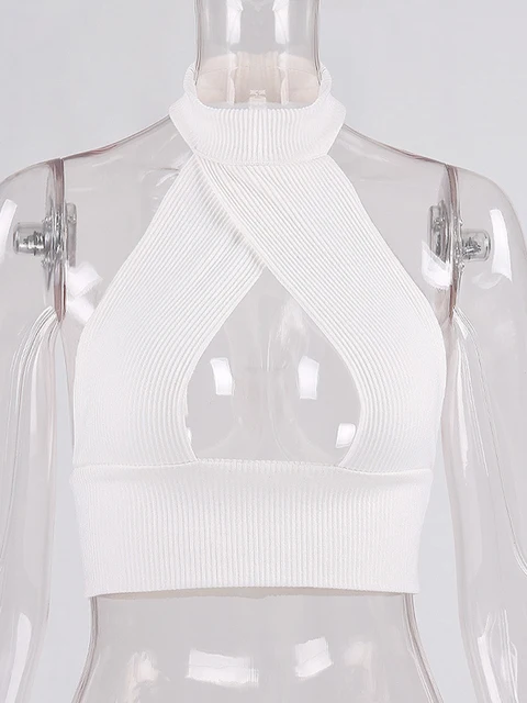 Colysmo Chest Cut Out Sexy White Tops 2019 Summer Women Halter Hollow Out Crop Top Vintage