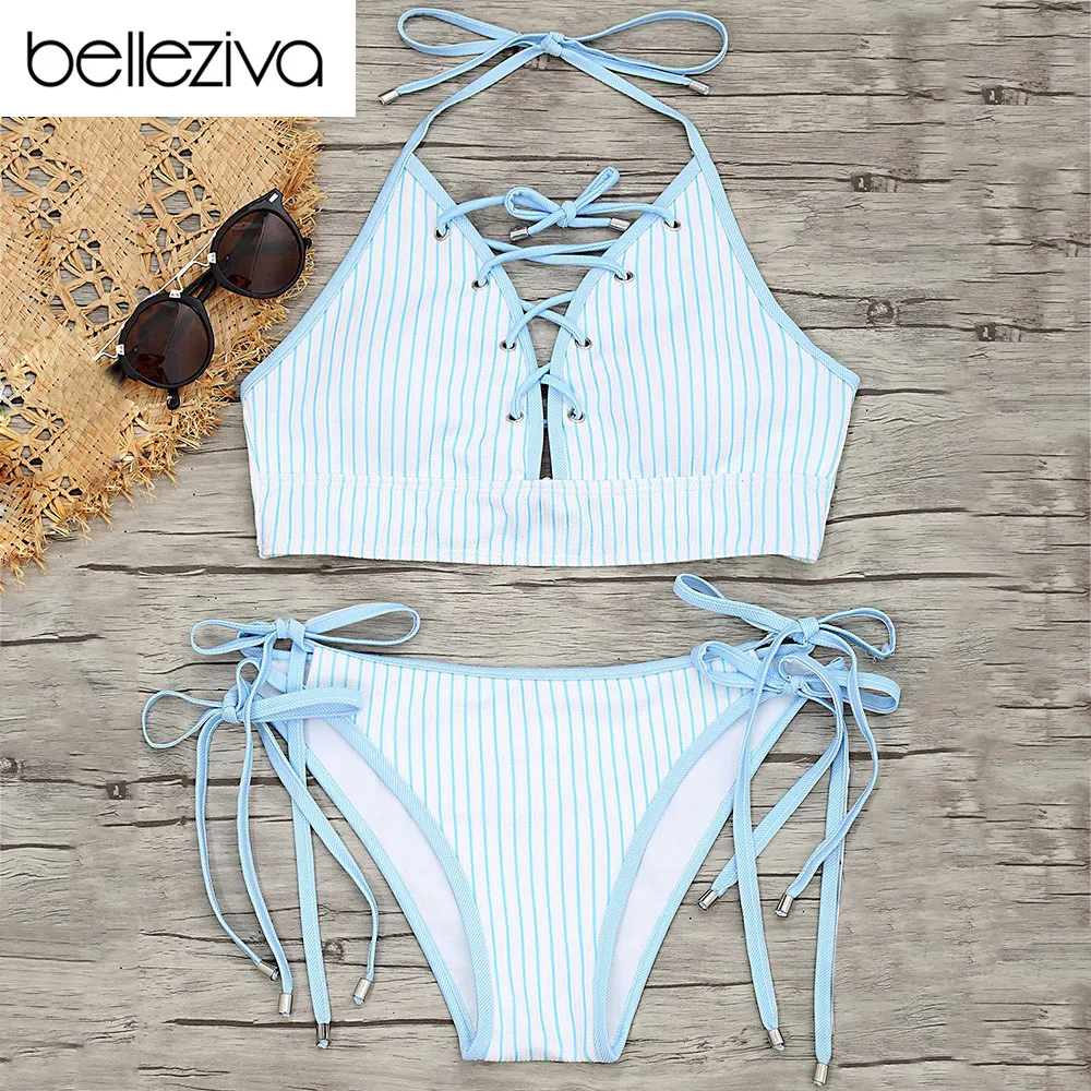 Belleziva Women Swimsuit Tie Side Striped Lace Up Bikini Set Bandage
