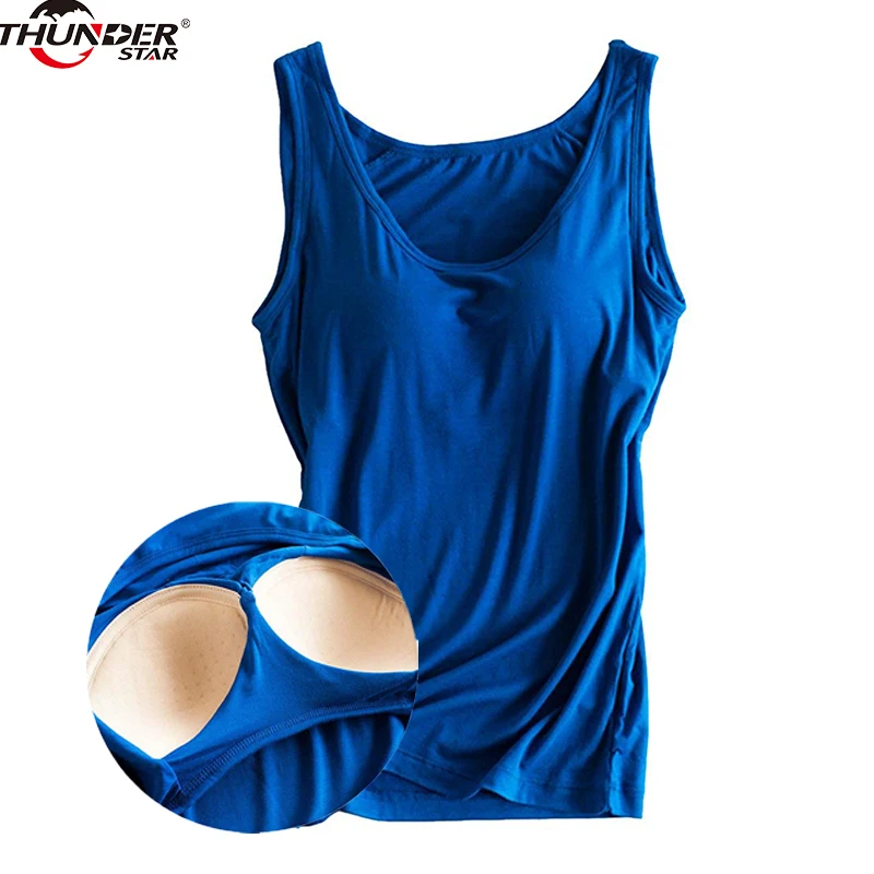 Women Built In Bra Padded Tank Top Female Modal Breathable Fitness Camisole Tops Solid Push Up