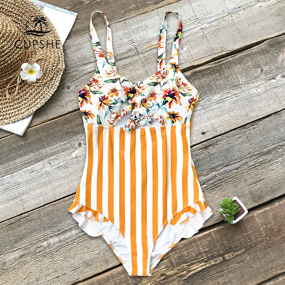Cupshe Orange Floral And Stripe Ruffle One Piece Swimsuit Women Ruched