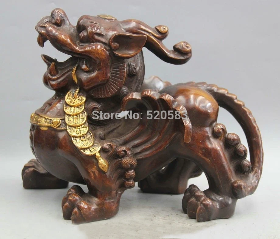 12" Chinese Bronze Gild Feng Shui Wealth Unicorn Beast Pi Xiu Statue ...