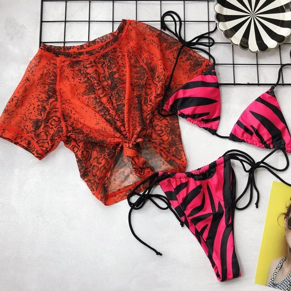 Bikini 2019 Snake Mesh Thong Swim Bathing Suit With Short Sleeves Sexy ...