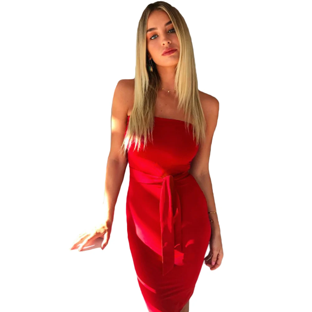 Women Sexy Strapless Bodycon Dress Casual Clubwear Knee Length Party