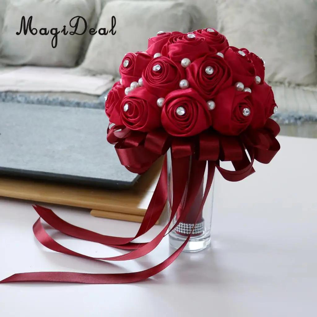 Wine Red Rose Wedding Bridal Bouquet Crystal Pearl Bride Handmade ...