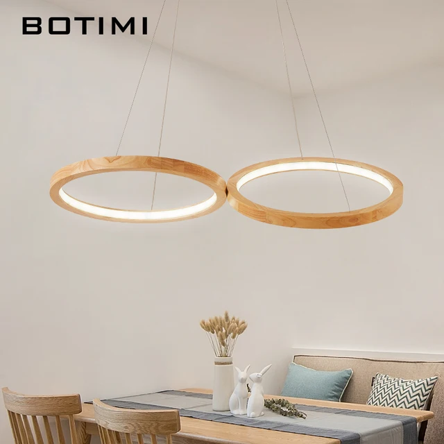 BOTIMI Wooden LED Pendant Lights For Dining Room 2 Round Wooden Rings ...