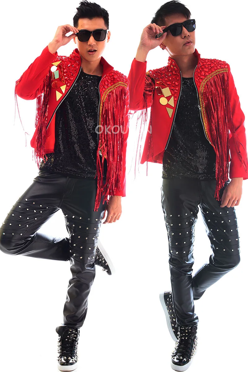 Men's Red sequins lens Jacket Fashion Tassel Coat Dance Performance ...