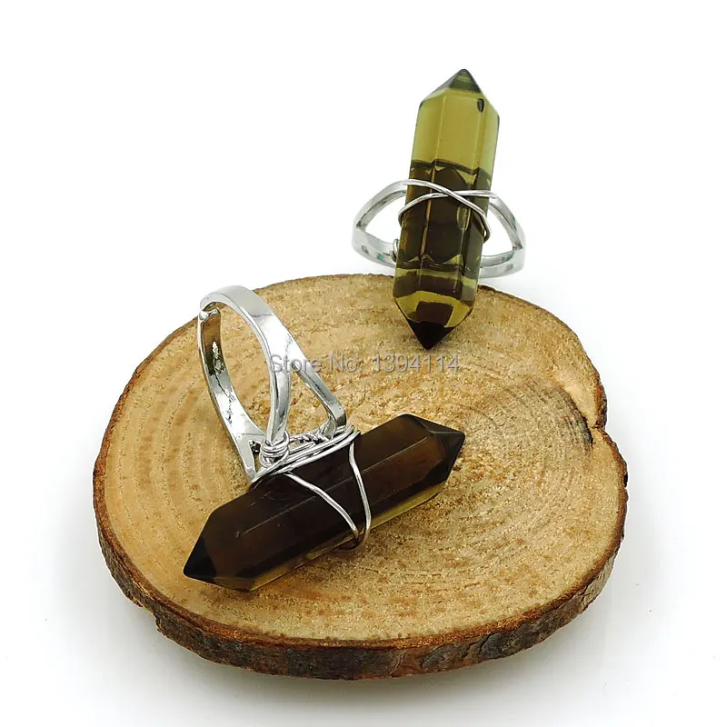 Smoke Quartz Crystal Hexagonal Column Double Points Ring With Wire ...