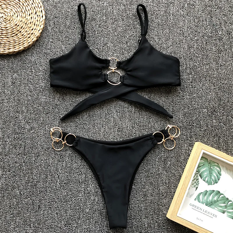 New 2021 Metal Rings Leopard bikini Women Cross Bandeau swimsuit female ...