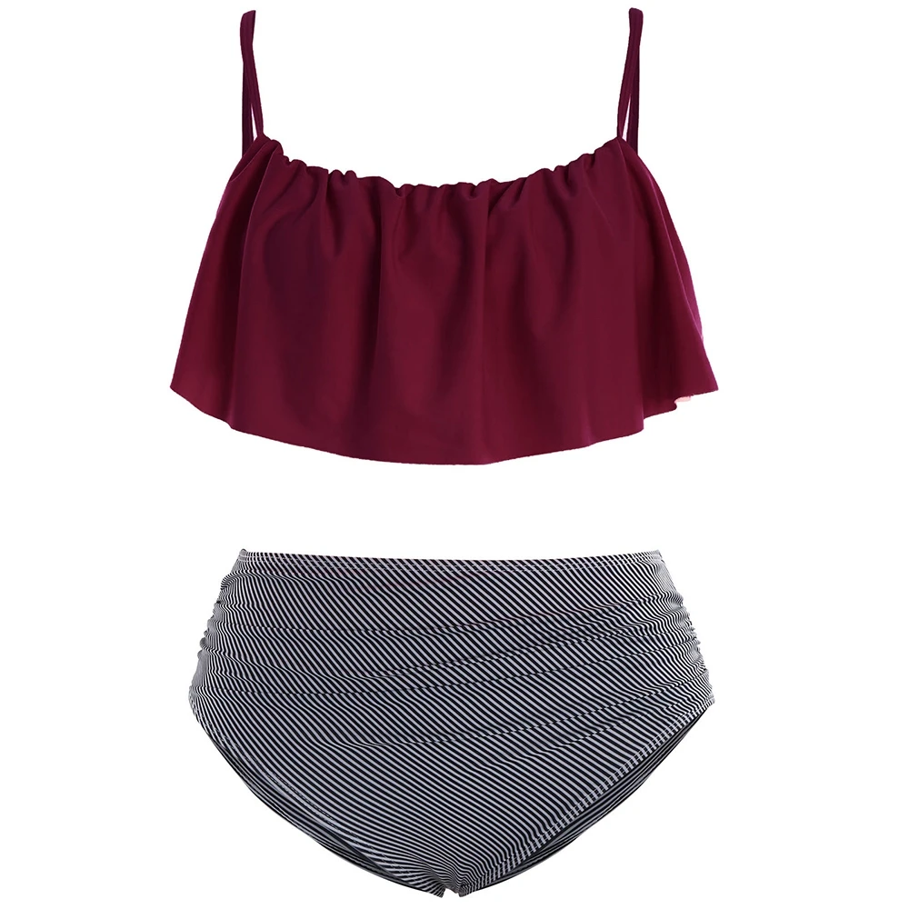 Plus Size Swimwear Padded Stripe Flounce Bikini Large Big Size Swimsuit ...