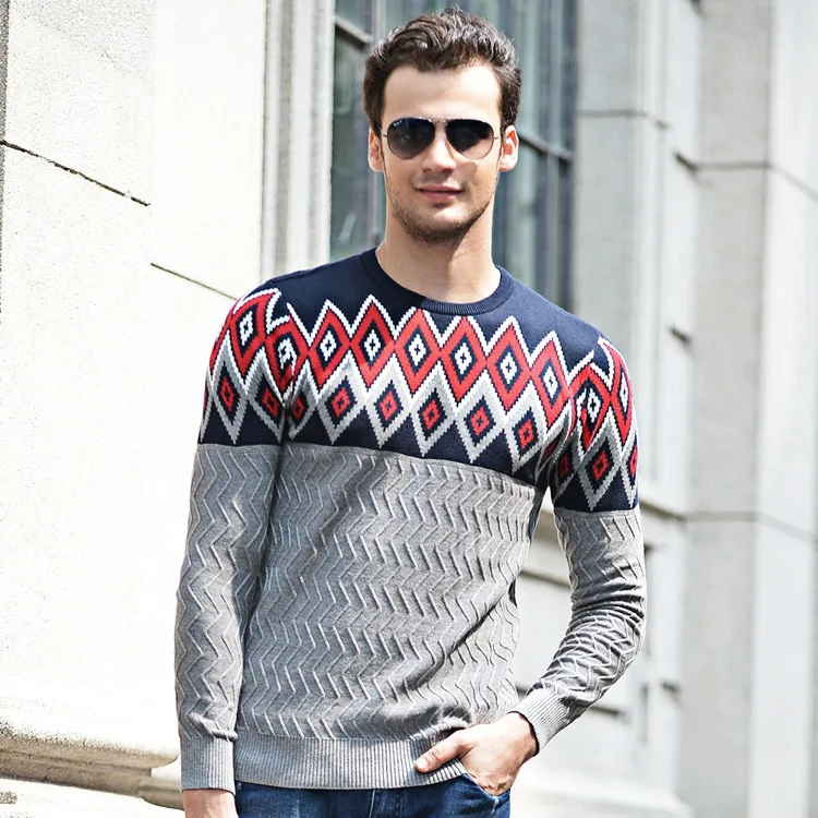 2015 New Hot Mens O neck Sweater Diamond Spliced Jacquard Sweater Men ...