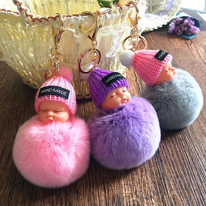 Real Rabbit Fur Pompom Keychain Fluffy Sleeping Baby Key Ring Women ...