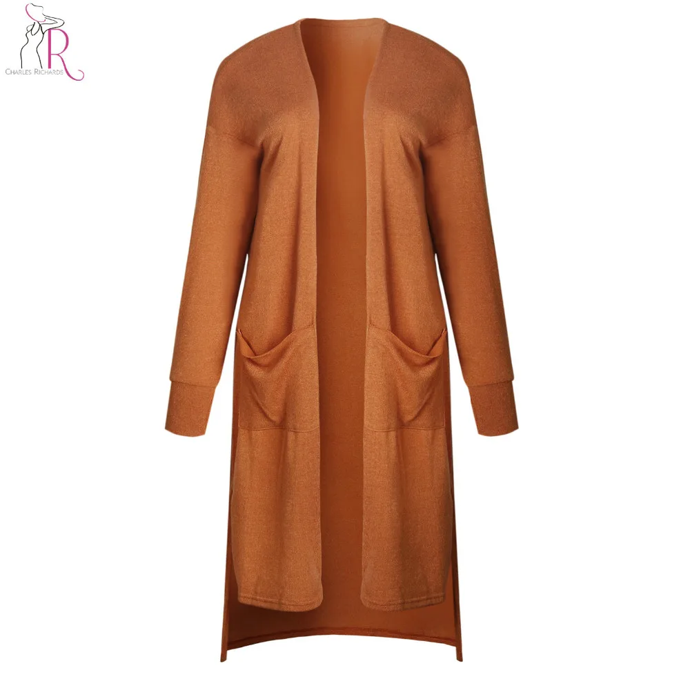 Color caramelo manga larga cardigan mujeres manga larga bolsillos ...
