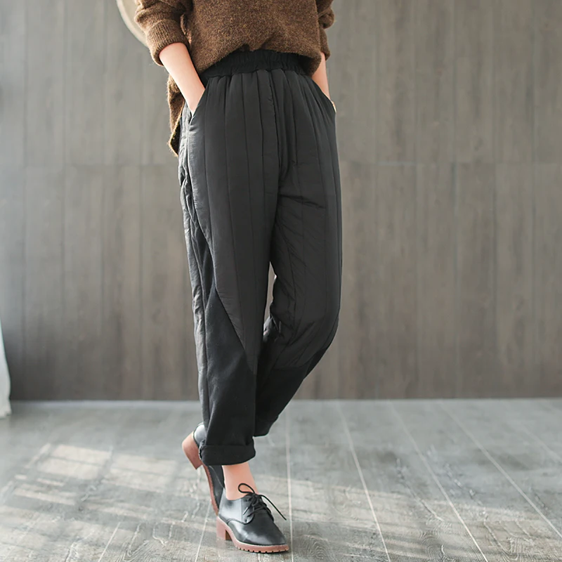 Winter Pants Women Retro Fleece Warm Padded Trousers New Elastic Waist Loose Spliced Pocket