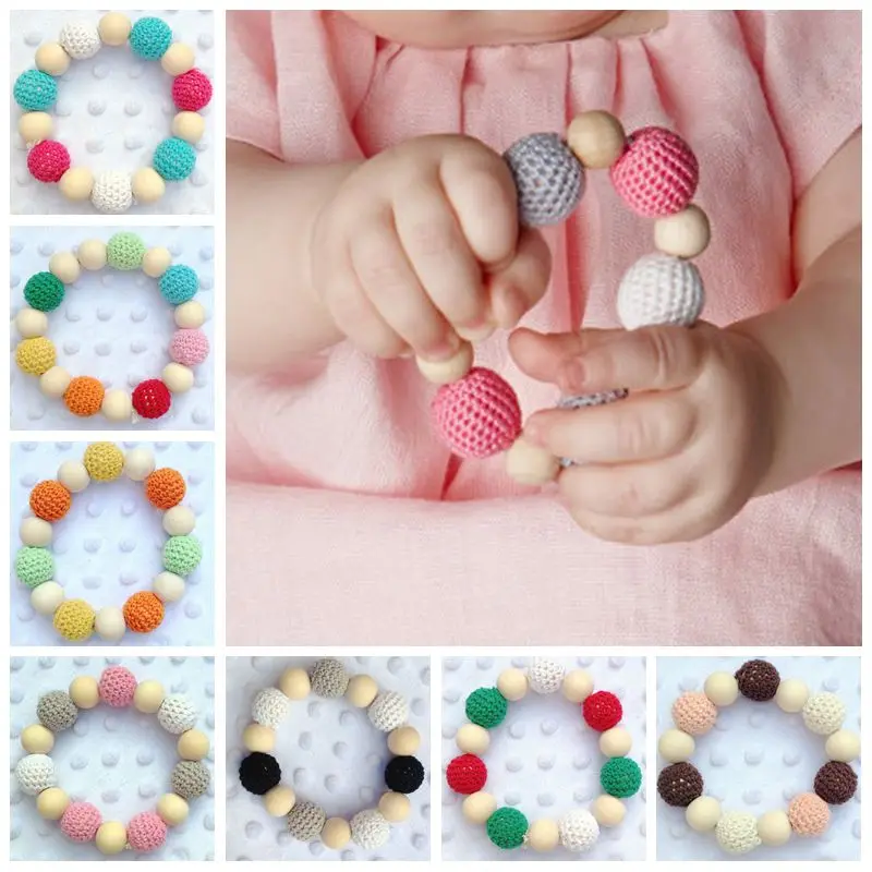 Baby Teethers Beads Wood Color Wool Ball Ring Training Toothbrushes ...