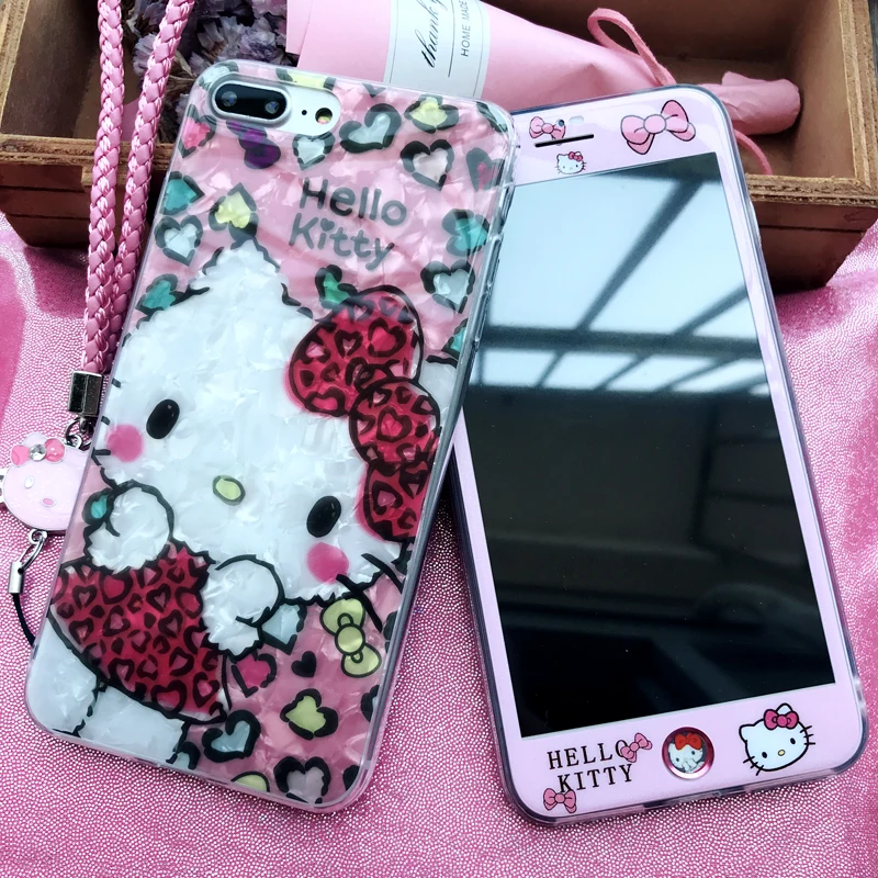 For iPhone 8 Plus hello Kitty case +Tempered Glass Screen film & KT ...