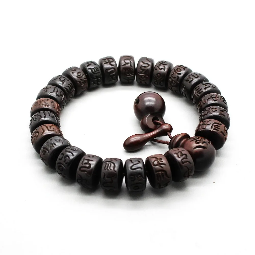 15mm hand carved OM peach wood beads Tibetan Buddhist wrist mala prayer ...