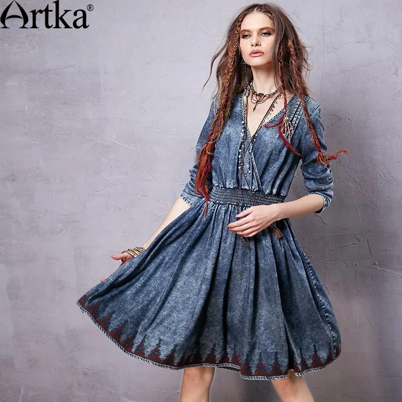 ARTKA женское платье, осень, стиль бохо, вышивка, винтажное, v-образный вырез, завышенная талия ...