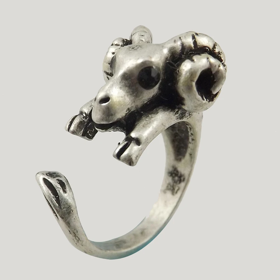 Antique Silver Ram Goat Ring Rhinestone Eye Free Size Cute Animal ...