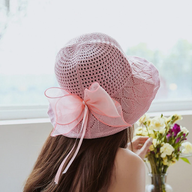 Folding Shape Outdoor Bow Openwork Knit Bucket Cap Women Casual Hat Bob