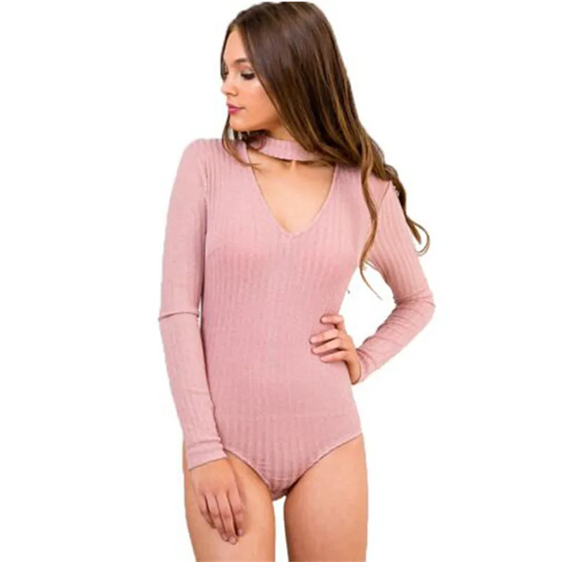 2017 Spring And Summer Sexy Low Cut Halter Neck Body Shaping Bodysuit Long Sleeve Slim All Match