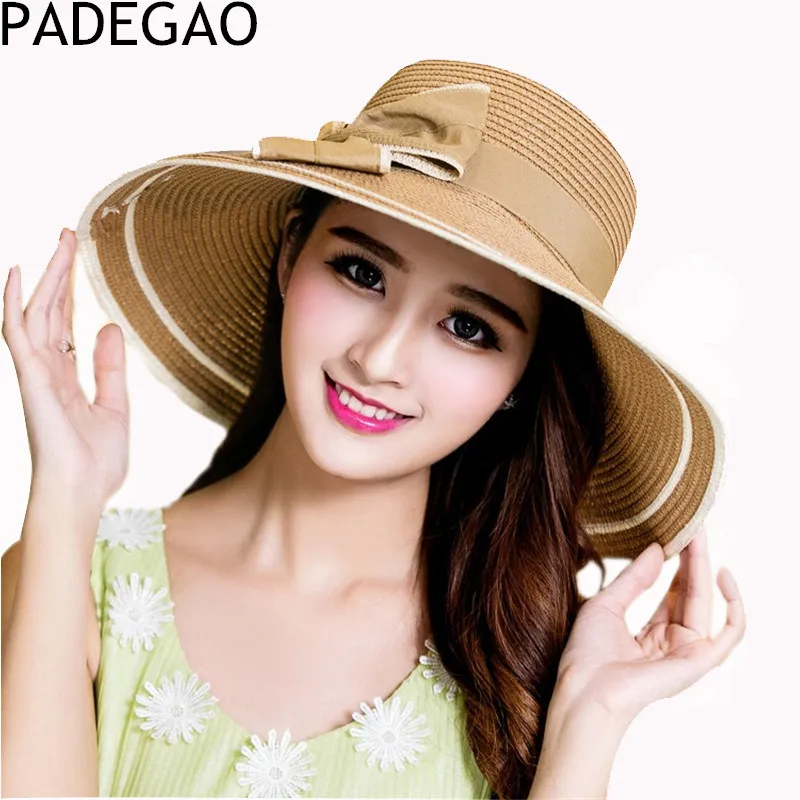 Women Straw Hat With Bow Outdoor Folding Sun Hat Beach Hat Summer Large