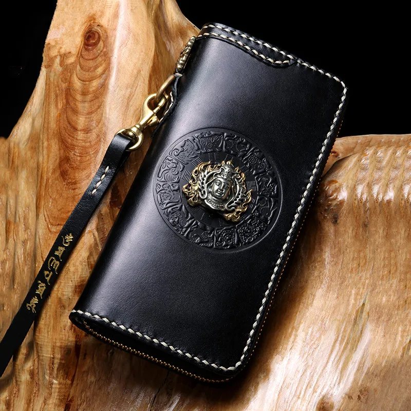 Genuine Leather Buddha Head Wallets Embossing Bag Purses Women Men Long ...