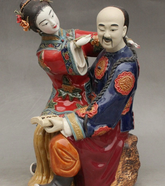 10" Folk Chinese wucai Porcelain courtyard live love spouse Men and ...