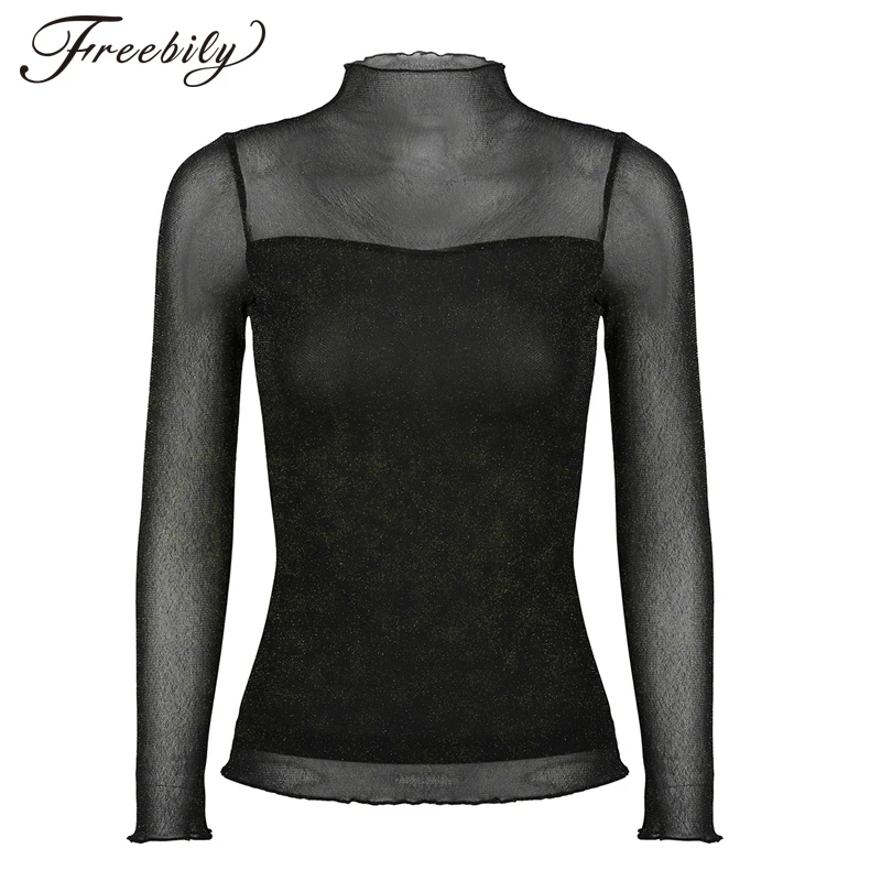 Sexy Women Blouses See Through Glitter Mesh Turtleneck Long Sleeve Sheer Blouse Casual Slim ...