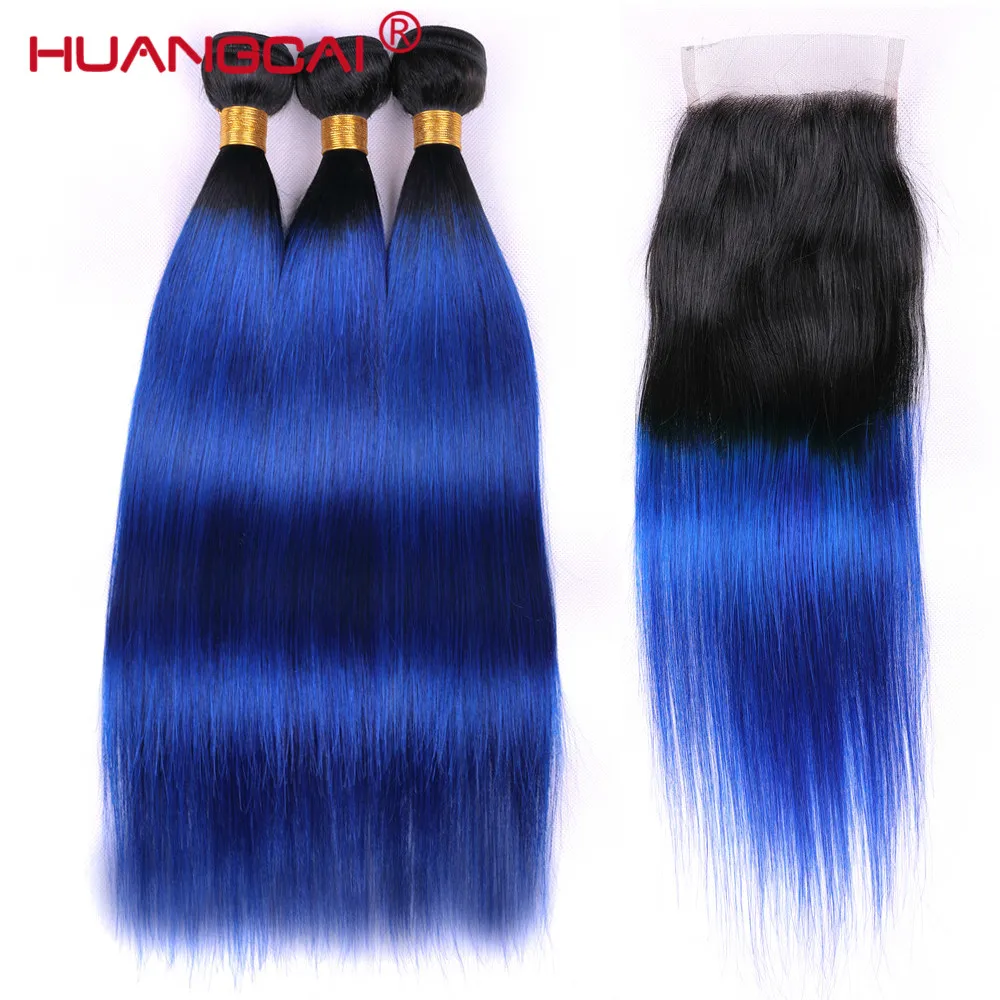 Ombre Bundles With Closure 1B/ Blue Two Tone Human Hair Brazilian ...