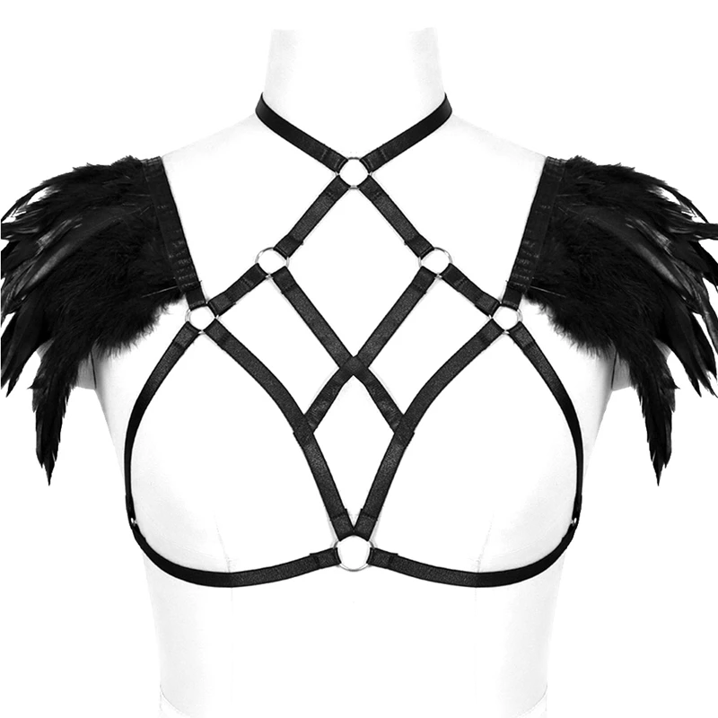 Feather Epaulette Angel Wings Body Harness Bra Hollow Out V Neck