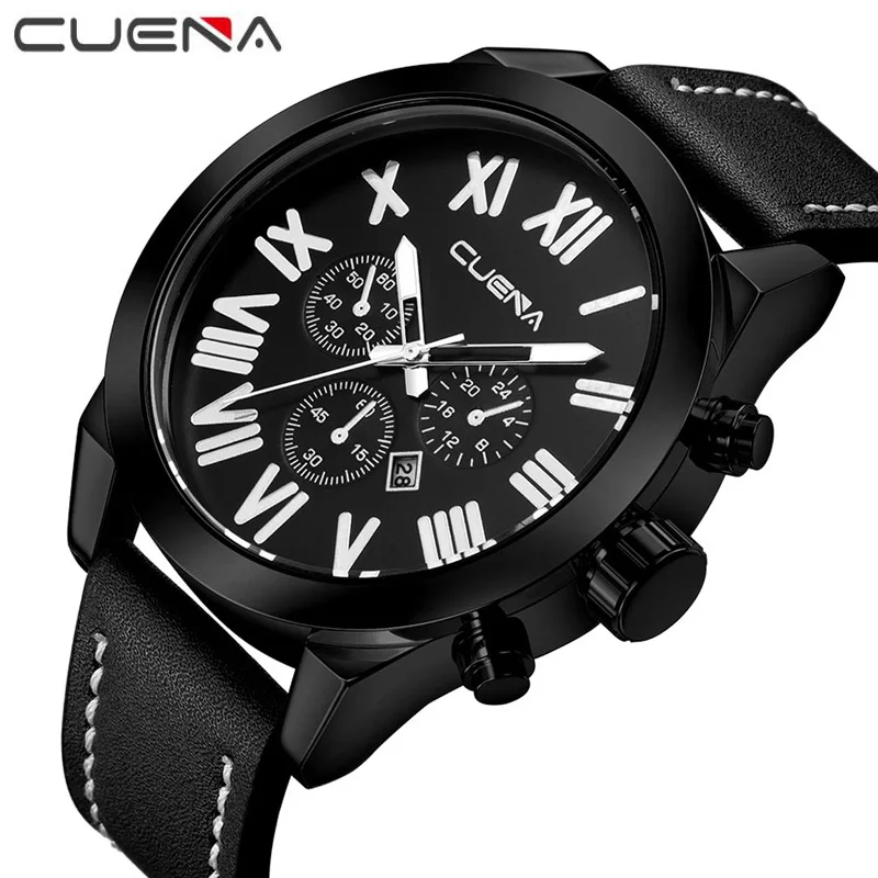 CUENA Fashion Mens Big Dial Quartz Watches Male Waterproof Leather ...