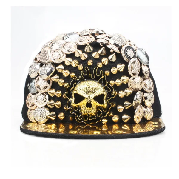 2016 Punk Style Rock Hip Hop Cap Sequined Handmade Rivet Skull Snapback ...