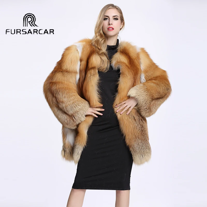FURSARCAR Neue Winter Echten Fuchs Pelz Mantel Frauen Echte Natürliche Medium Lange Pelz ...
