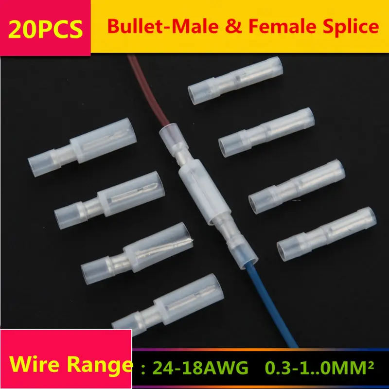 20PCS/LOT T009 Bullet Male & Female BUTT SPLICE CONNECTORS Wire Splice ...