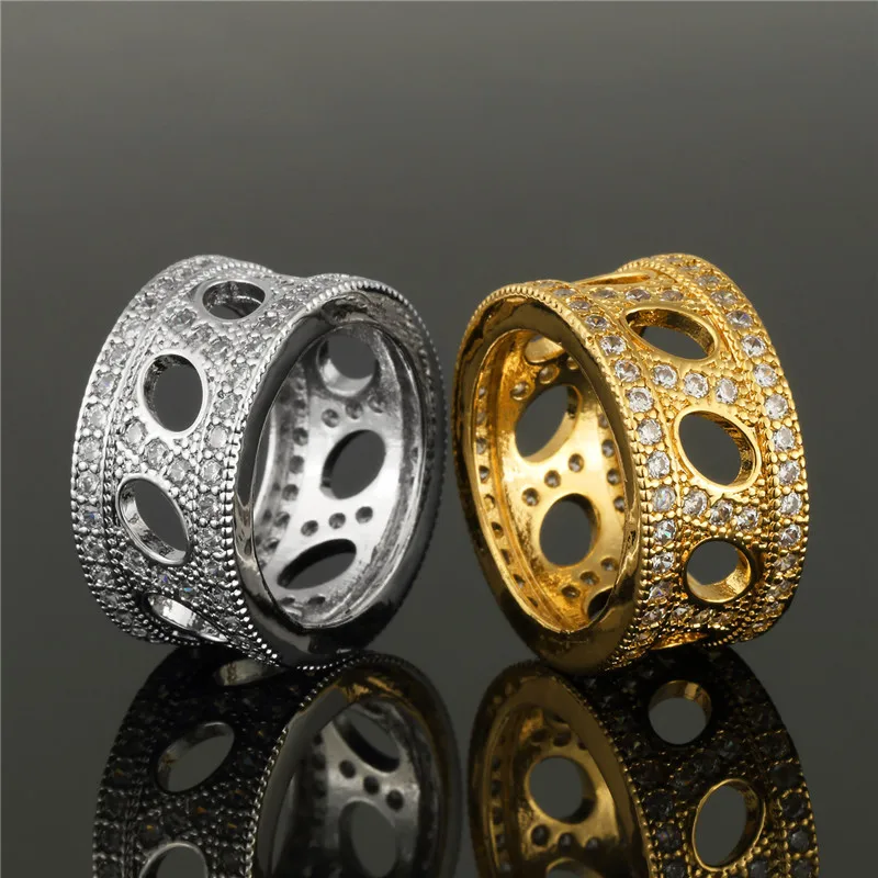 Men Hip Hop Zircon AAA Rhinestone Golden Bling Rings Hollow Out Crystal ...