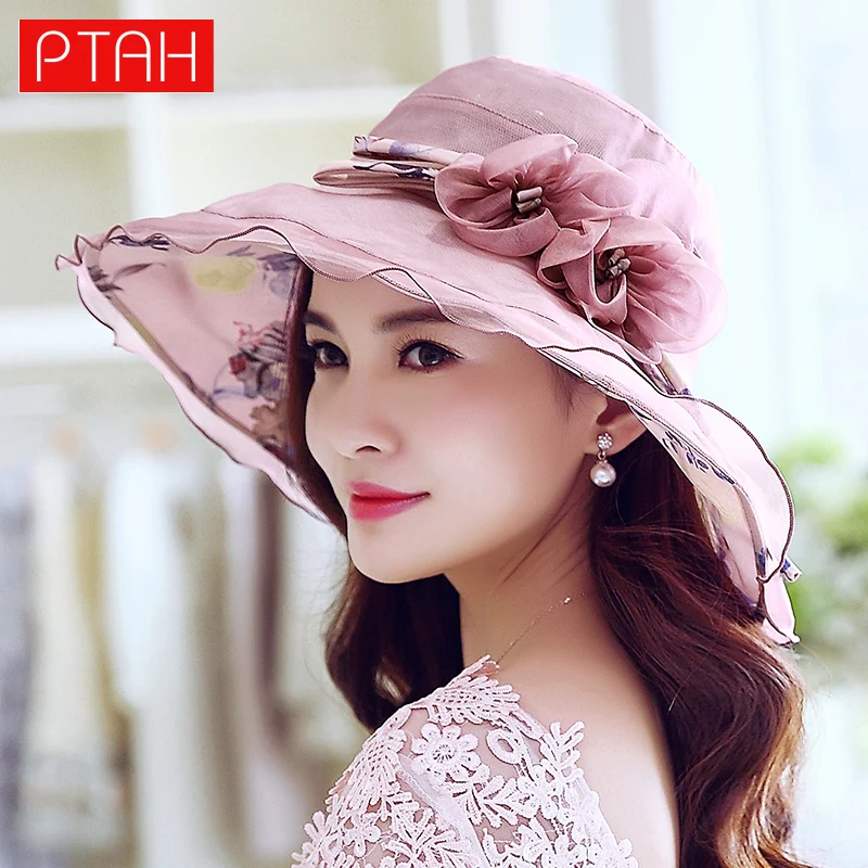 Ptah 여성 오간자 바이저 접이식 태양 모자 숙녀 챙이 넓은 해변 활 모자 조절 선 스크린 여름 100 실크 모자