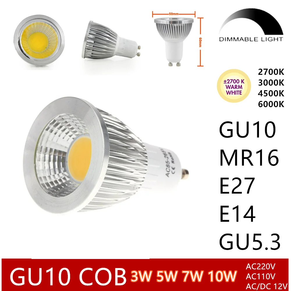 Bombilla LED regulable GU10 Cob E27 E14 Mr16, foco 3w 5w 7w 10w, Blanco cálido 2700k 3000k ...