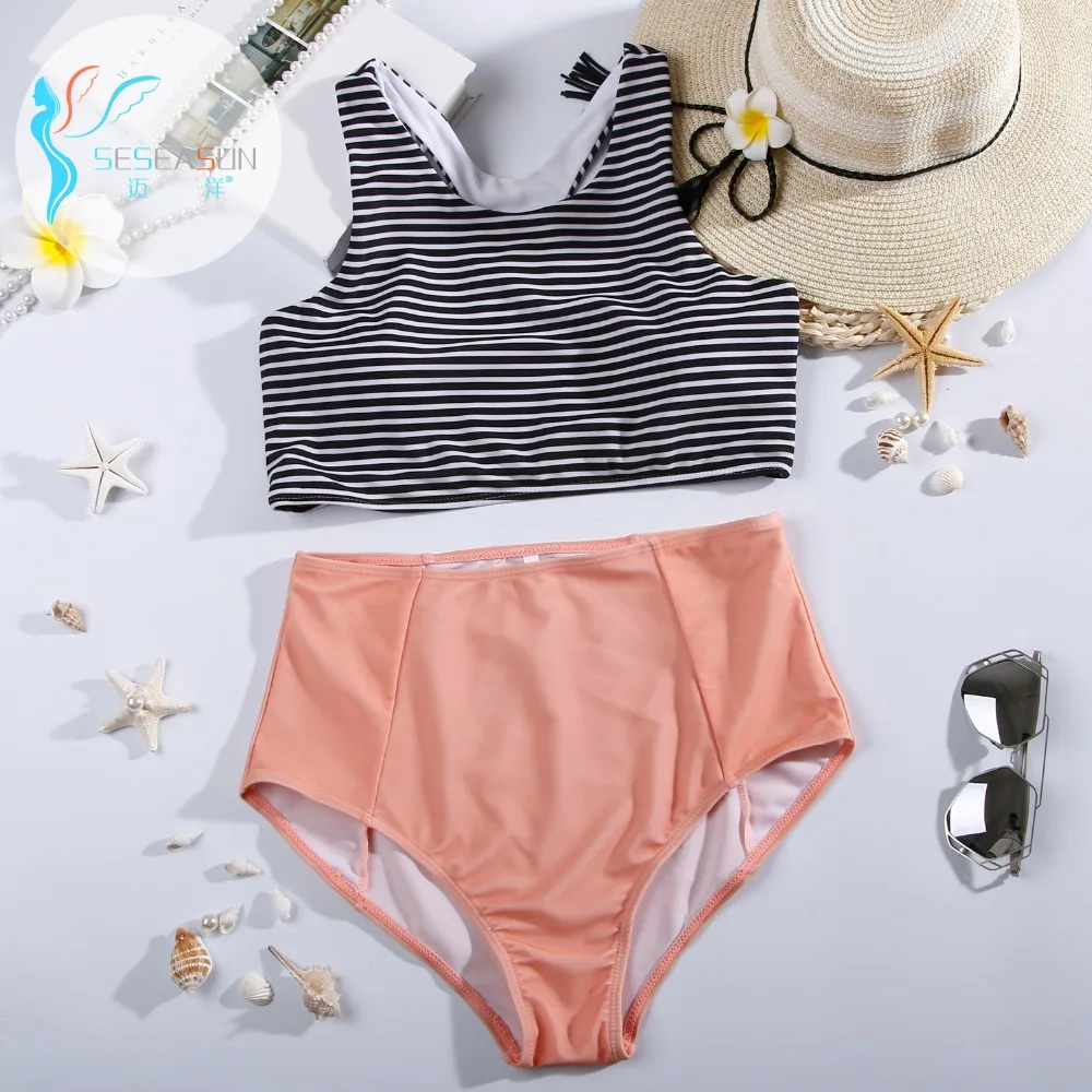SESEASUN Pin Up Two Piece Bikinis Set Striped Push Up Vest Top Maillot de bain Vintage High ...