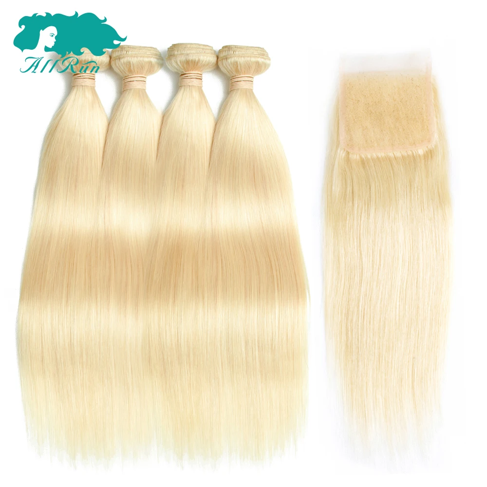 Paquetes de pelo rubio AllRun #613 con cierre 100% cabello Remy peruano ...
