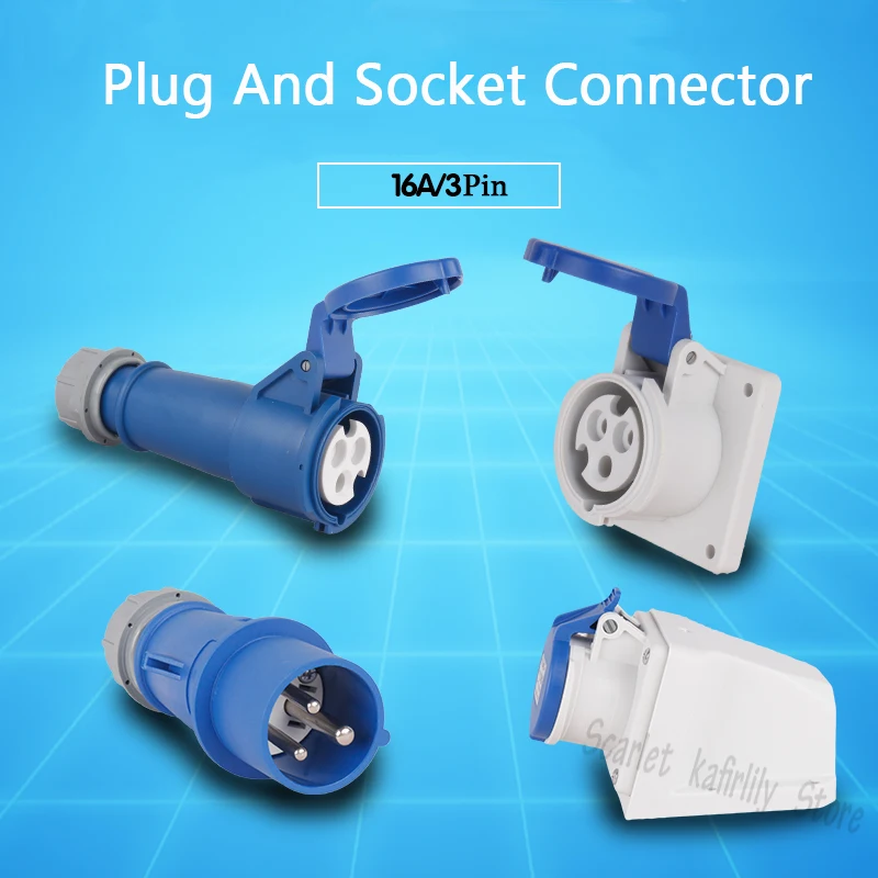 220V/230V 16 AMP 3 PIN Industrial Field Plug and Socket Weatherproof 2P ...