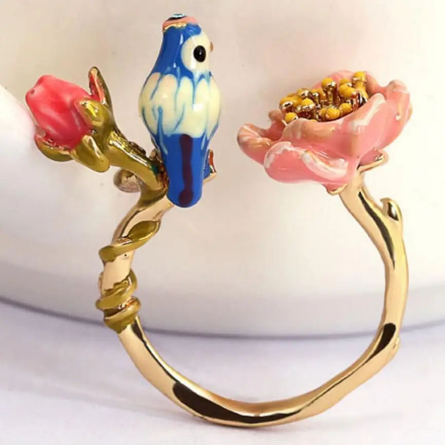 Rings for Woman Colorful Transparency Enamel Flower Bird Ring Gold ...