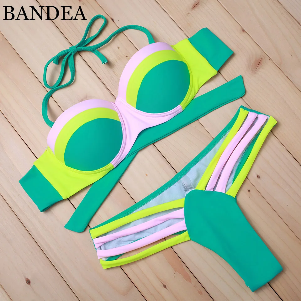 Bandea 2016 Sexy Women Push Up Bikini Brazilian Patchwork Swimwear Neon