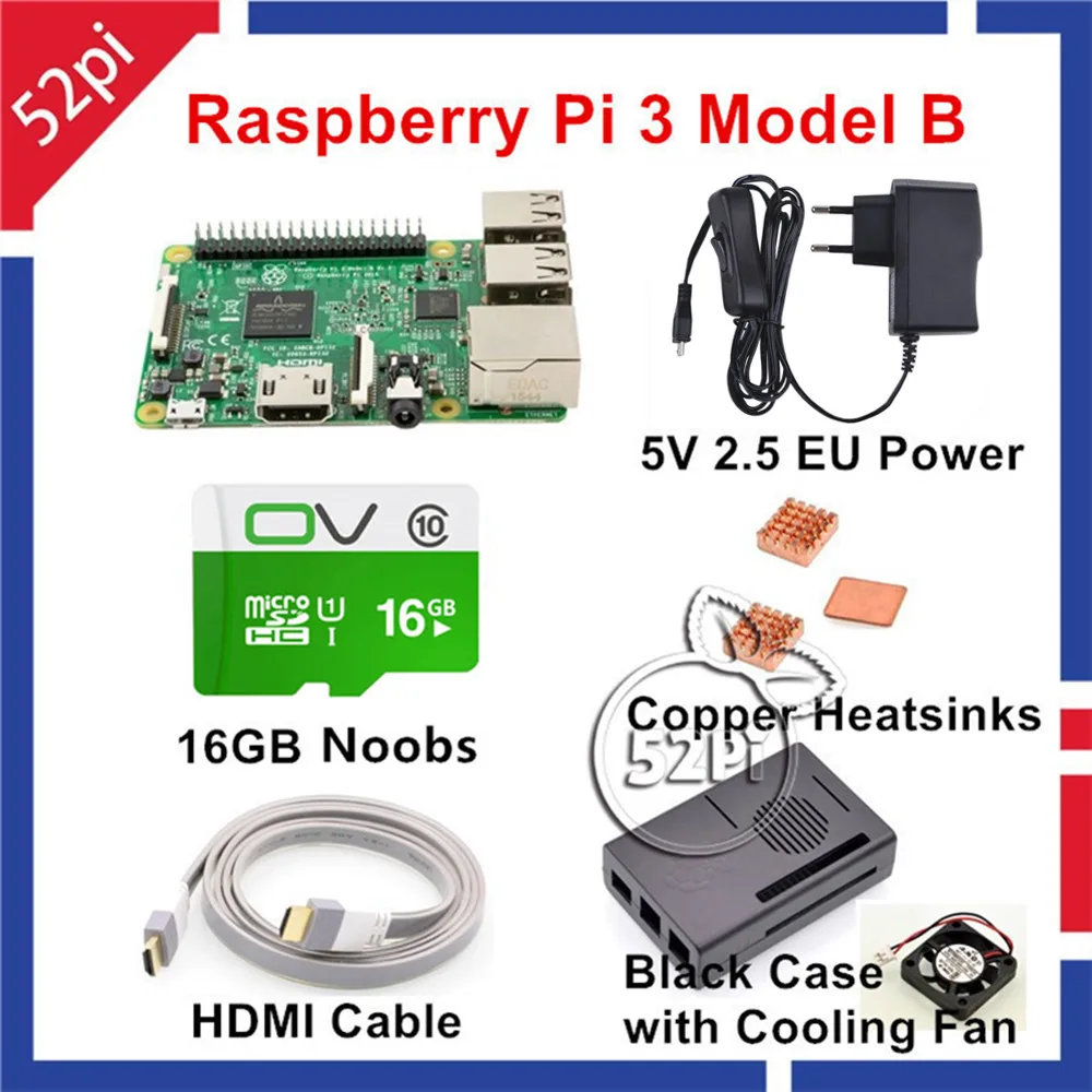 52Pi Raspberry Pi 3 Model B NOOBS Starter Kit with Pi 3 Board+16G SD ...