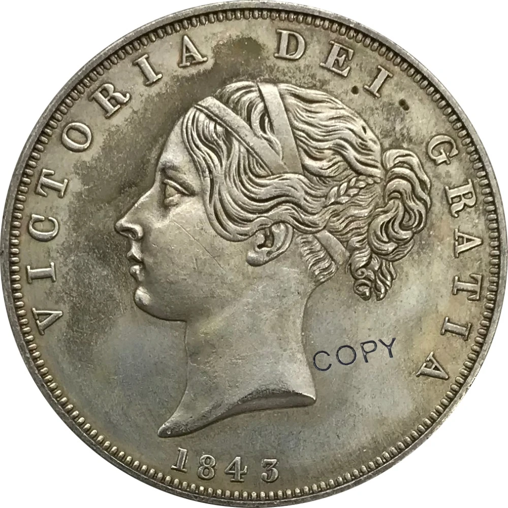 1843 Reino Unido 1/2 corona Victoria cuproníquel plateado plata ...