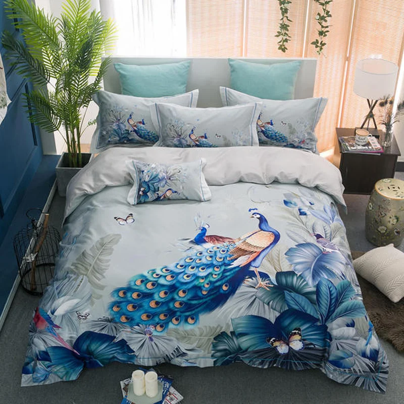 Luxury Peacock 100s Egyptian Cotton Digital Printing Bedding Sets Queen