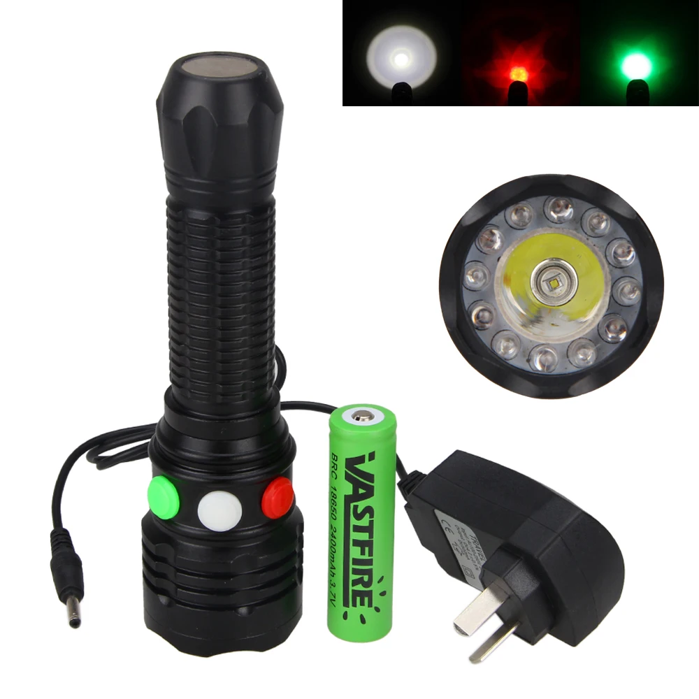 12 LED 3000LM Q5 LED FLASHLIGHT RED GREEN WHITE colours Strobe Signal ...