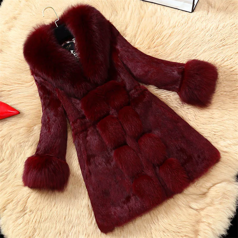 New Women faux Rex Rabbit hair fur coat Overcoat long Fake Fox Fur ...