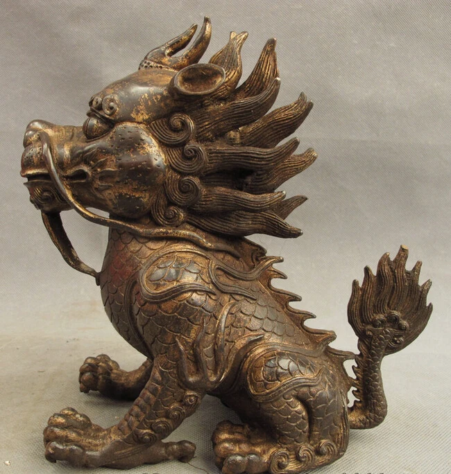 S2946 9" Folk Chinese Classic Bronze Guardian Dragon Kylin Unicorn ...